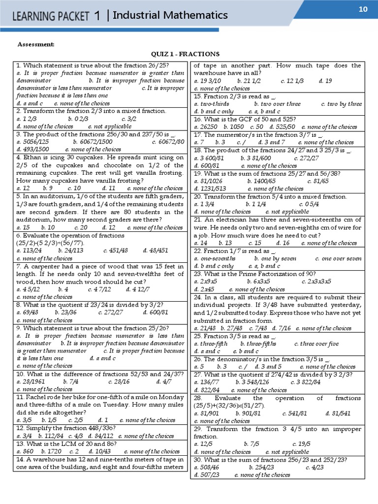 Industrial Mathematics: Assessment: Quiz 1 - Fractions | PDF ...