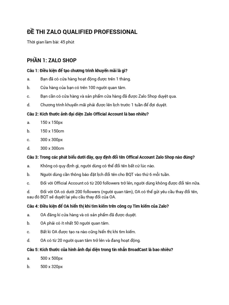 ZAD Zalo Qualified Professional Sample Exam Paper | PDF