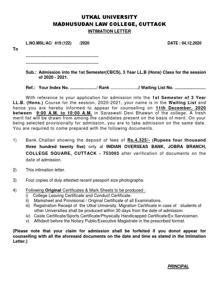 Intimation Letter For Counselling Students | PDF