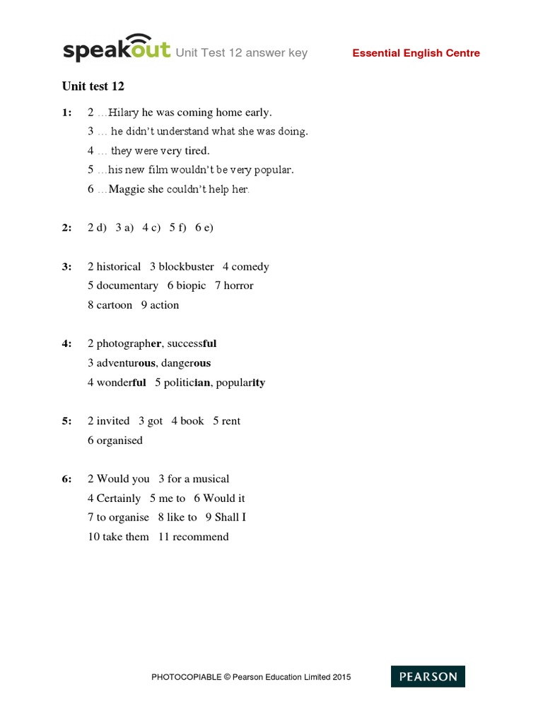 Unit Test 12 Answer Key | PDF