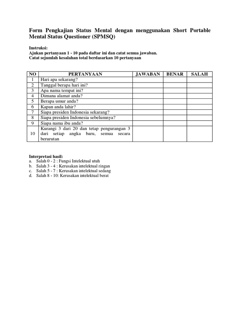 Pengkajian Status Mental Lansia SPMSQ | PDF