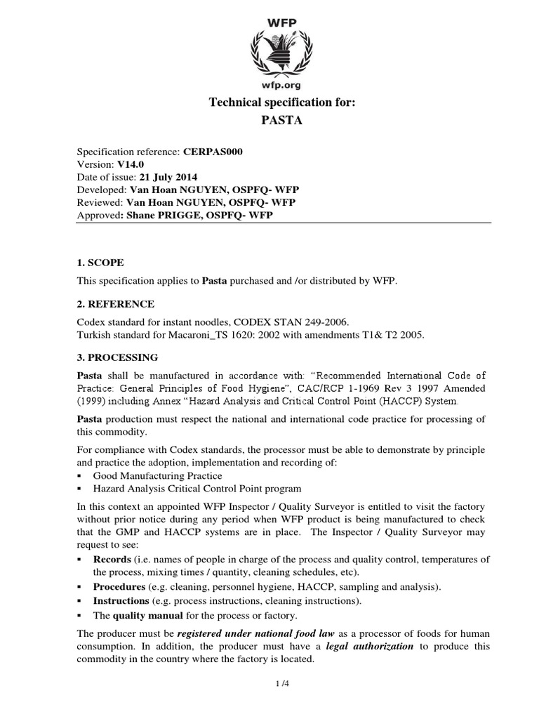 Technical Specifications For Pasta | PDF | Hazard Analysis And Critical ...