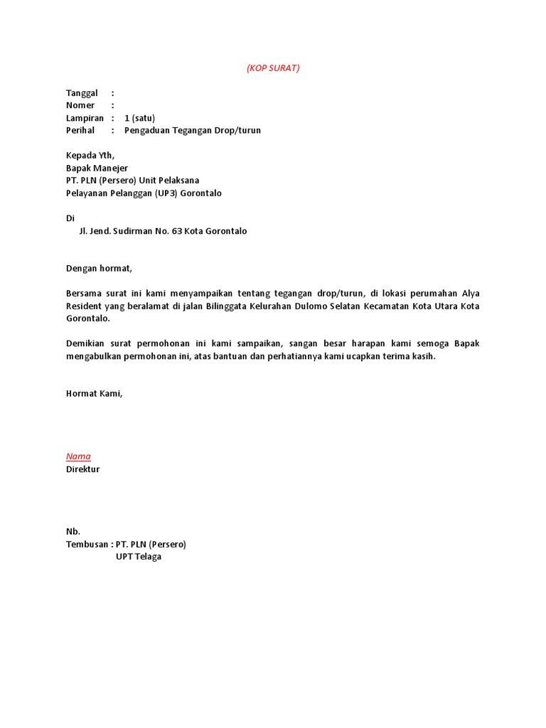 Surat Pengaduan Tegangan Turun PLN | PDF
