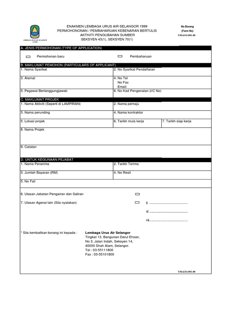 LUAS-1) U014-F4-001-00 Borang Permohonan Aktiviti Pengubahan Sumber | PDF