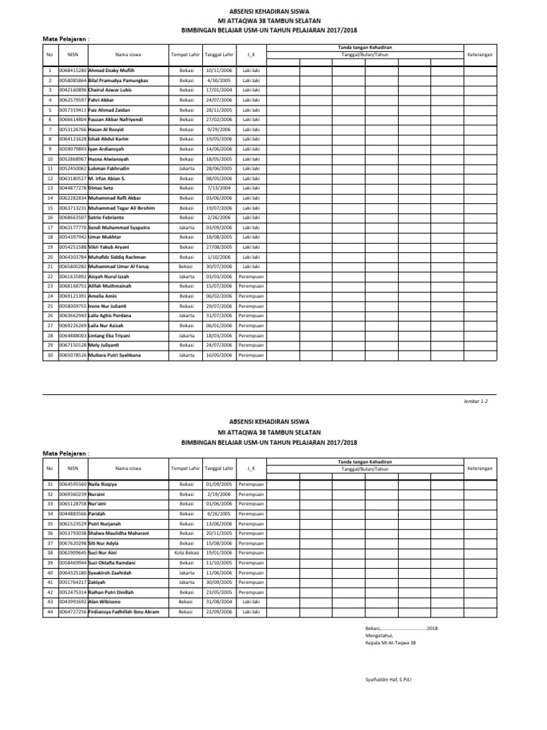 Format Absensi Kehadiran Siswa | PDF