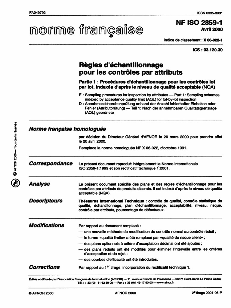 ISO 2859-1 - Règle Échantillonage Pour Le Contrôle Des Attributs | PDF