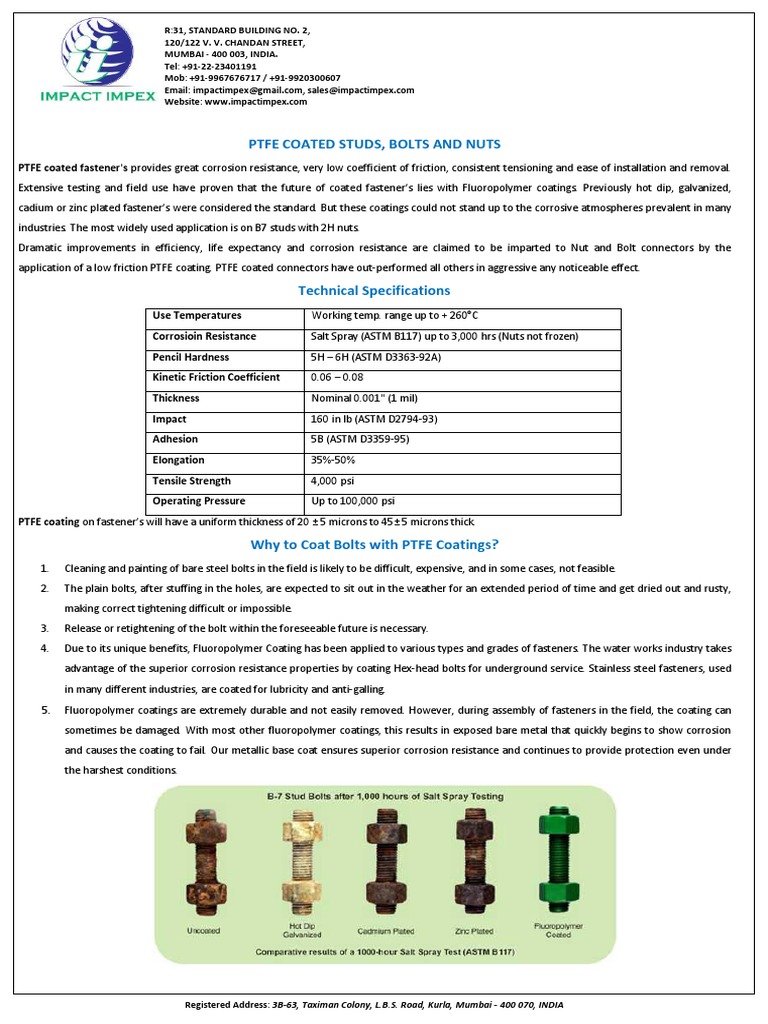 Ptfe Coated Studs, Bolts and Nuts | PDF | Screw | Corrosion