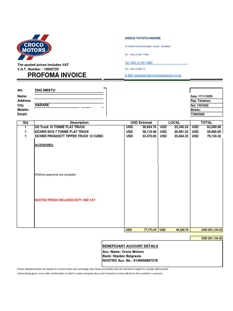 Profoma Invoice: Croco Toyota Harare | PDF | Value Added Tax | Economies