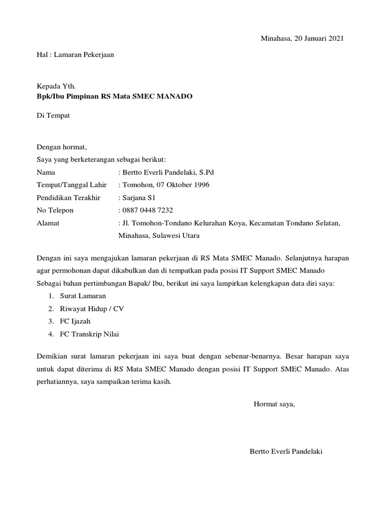 Lamaran Pekerjaan IT Support SMEC Manado | PDF