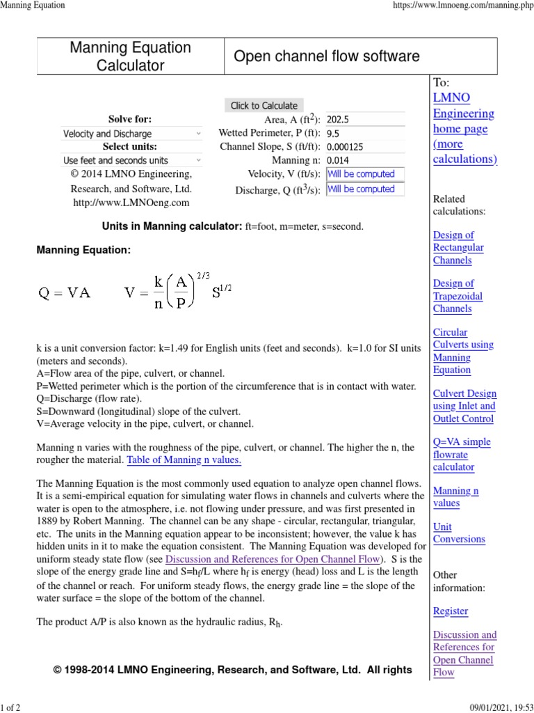 Manning Equation Calculator Open Channel Flow Software: Lmno Engineering Home Page (More ...
