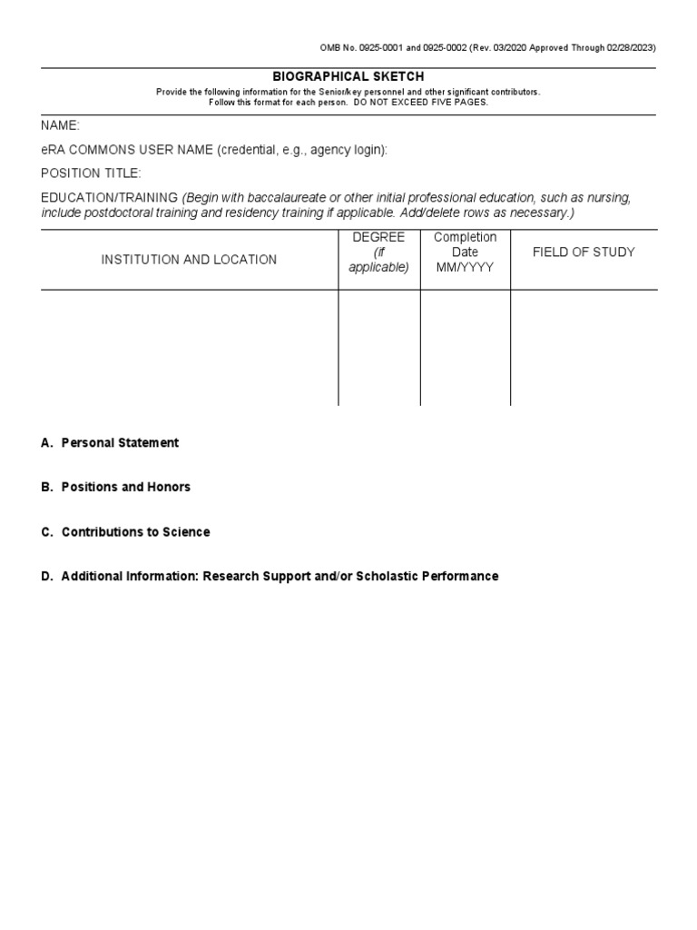 Biographical Sketch Template for Research Personnel | PDF