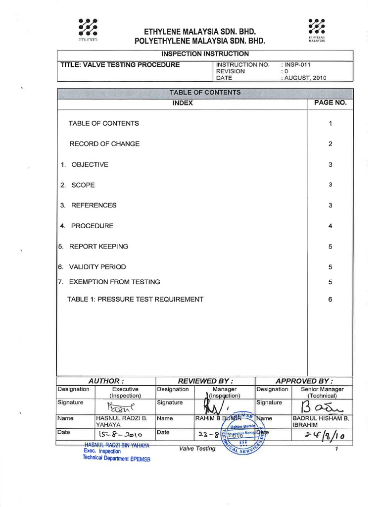 Valve Testing Procedure - INSP-011 | PDF