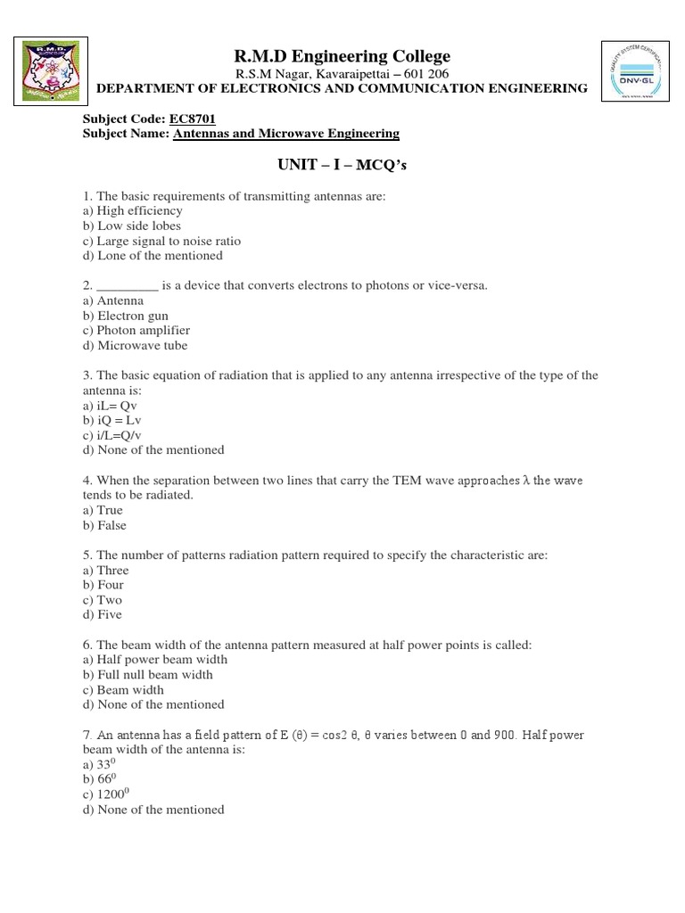 Ec8701 Antennas and Microwave Engg - 5 Units MCQ Questions | PDF | Antenna (Radio) | Diode