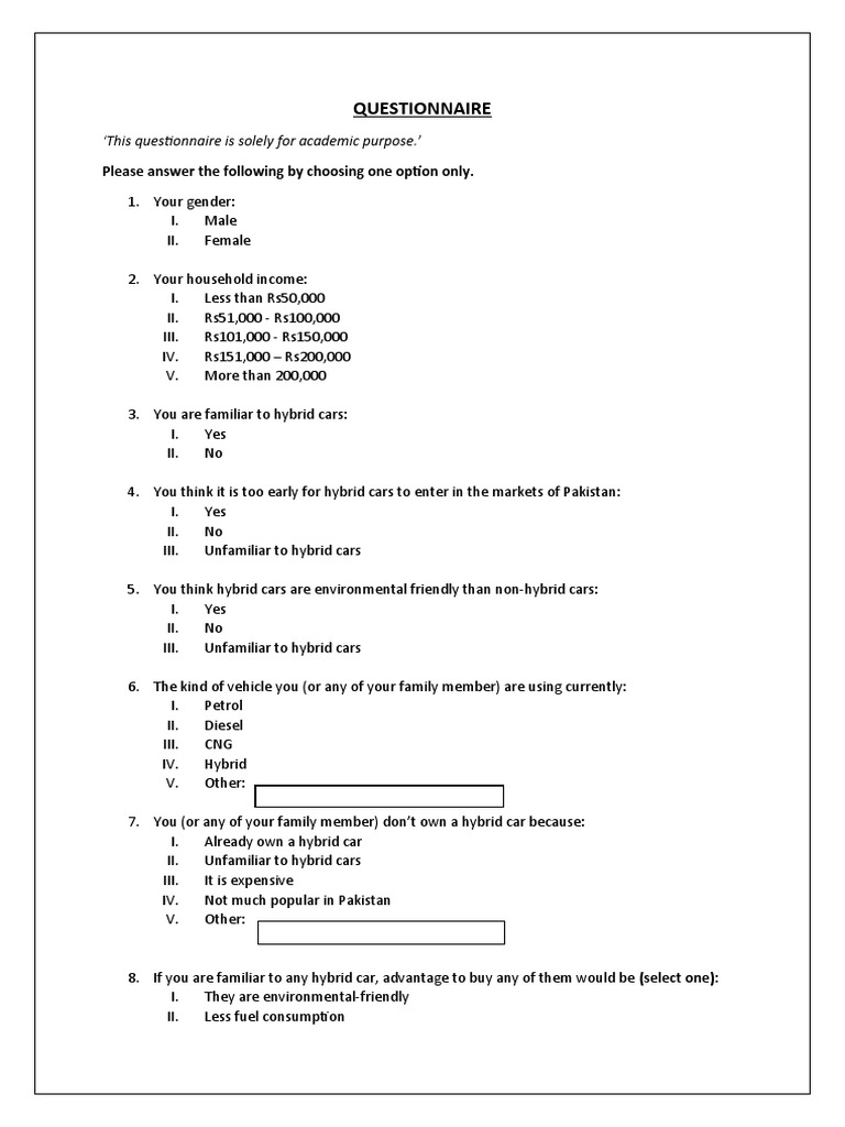Questionnaire: Please Answer The Following by Choosing One Option Only ...