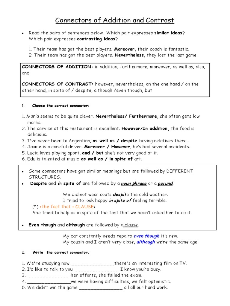 Connectors of Addition and Contrast | PDF | Language Mechanics | Grammar