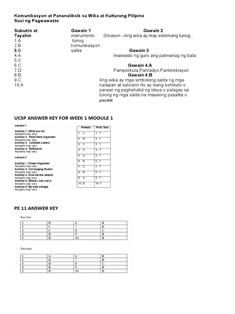 Week 1 Answer Key g11 (Filipino, Ucsp, Pe) | PDF