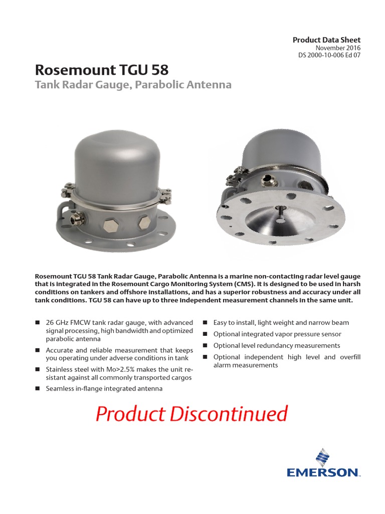 Product Data Sheet Rosemount Tgu 58 Tank Radar Gauge Parabolic Antenna ...