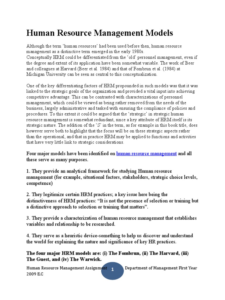 Human Resource Management Models | PDF | Human Resource Management | Strategic Management