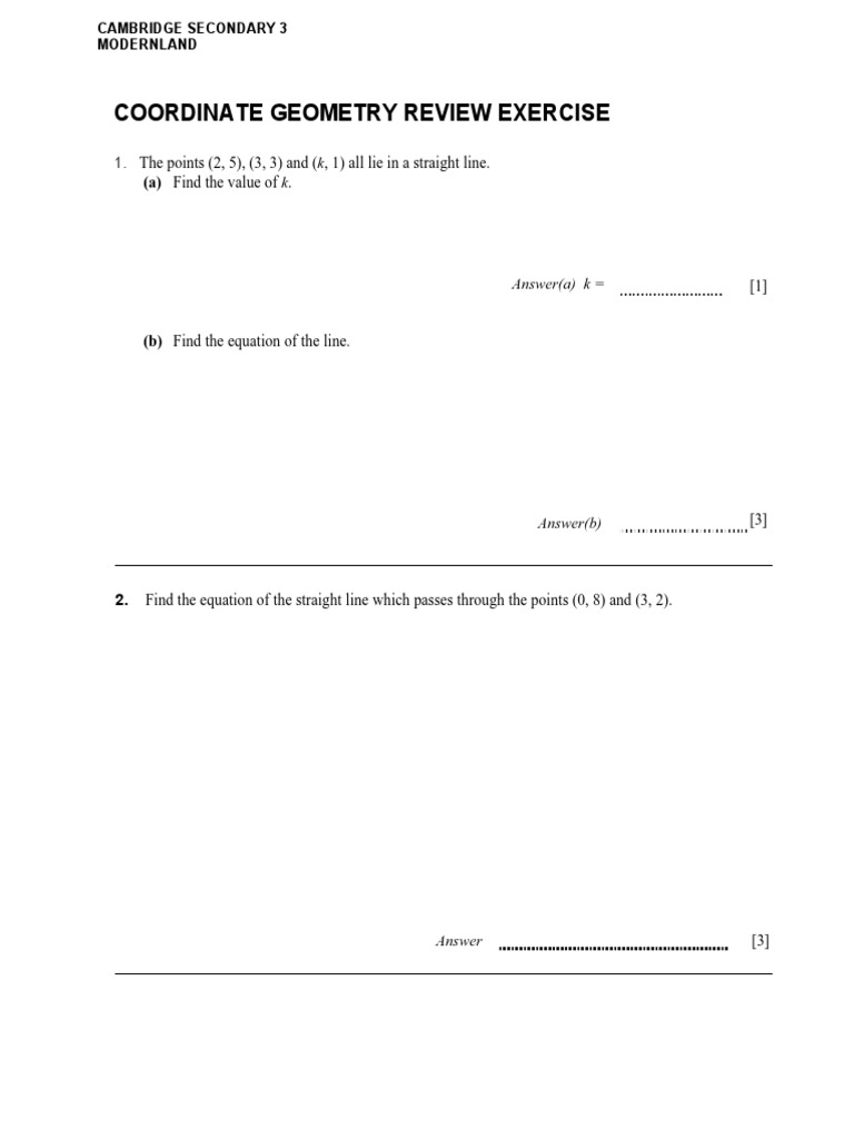 Coordinate Geometry Review Exercise | PDF | Coordinate System | Line ...