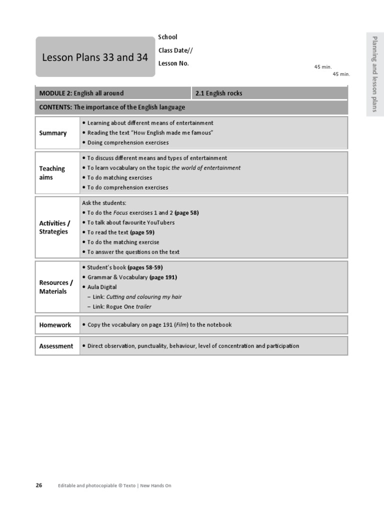 Lesson Plans 33 and 34: MODULE 2: English All Around 2.1 English Rocks ...