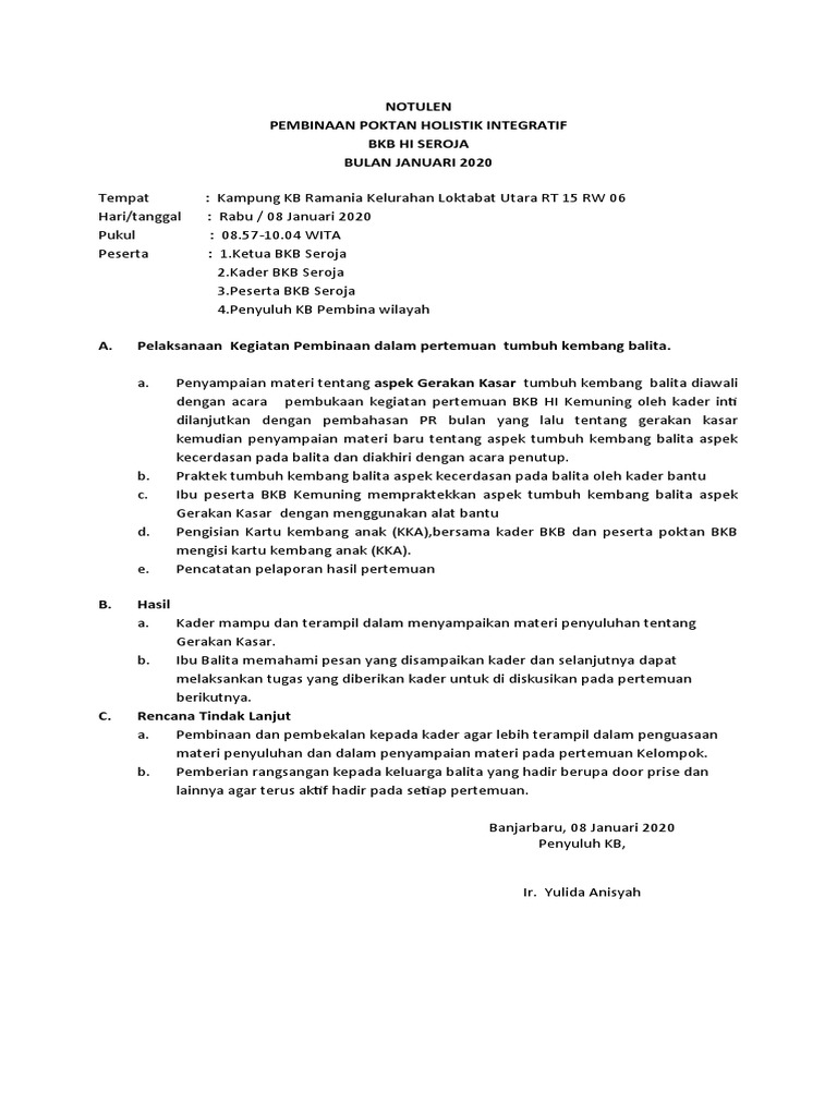 Notulen Pembinaan Poktan Holistik Integratif BKB Hi Alamanda | PDF