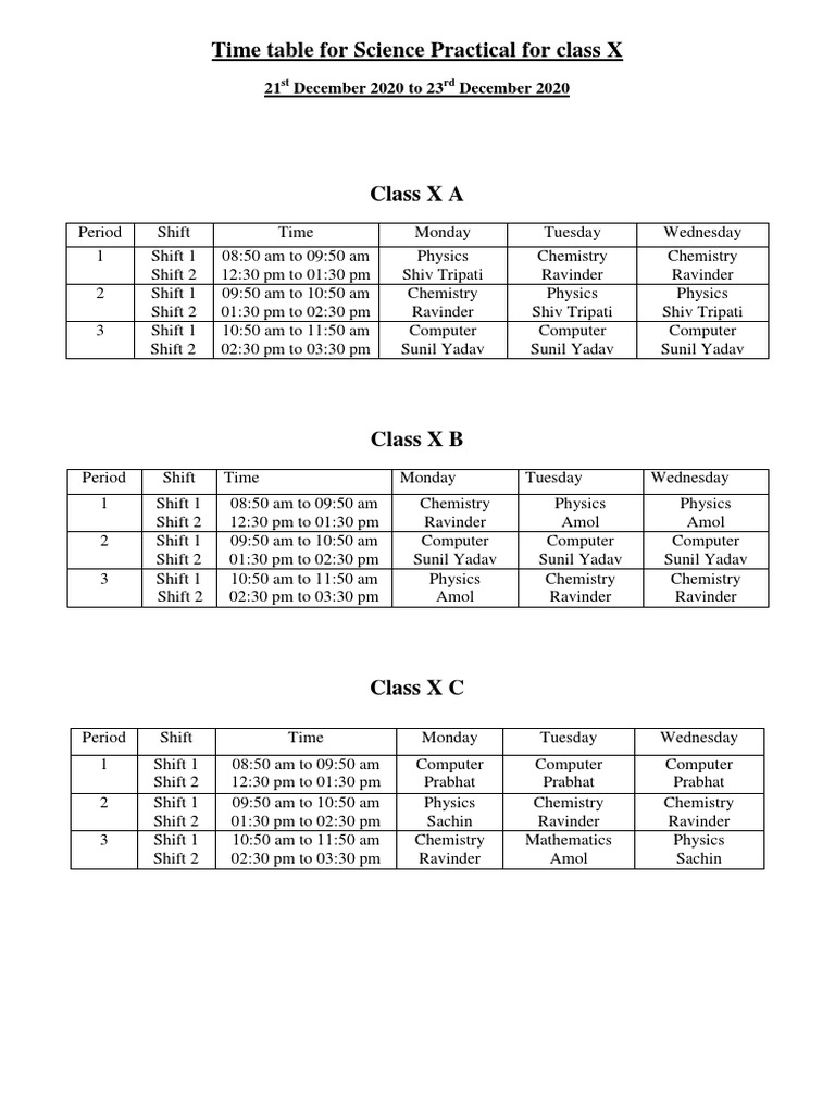 784 Time Table For Science Practical For Class X 2020-21 | PDF
