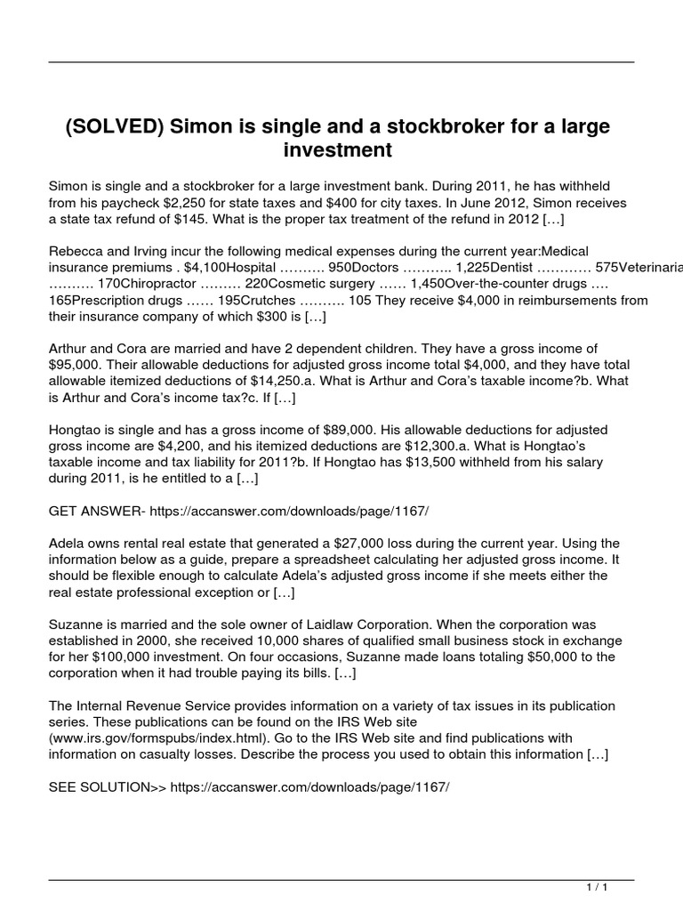 Solved Simon Is Single and A Stockbroker For A Large Investment | PDF ...