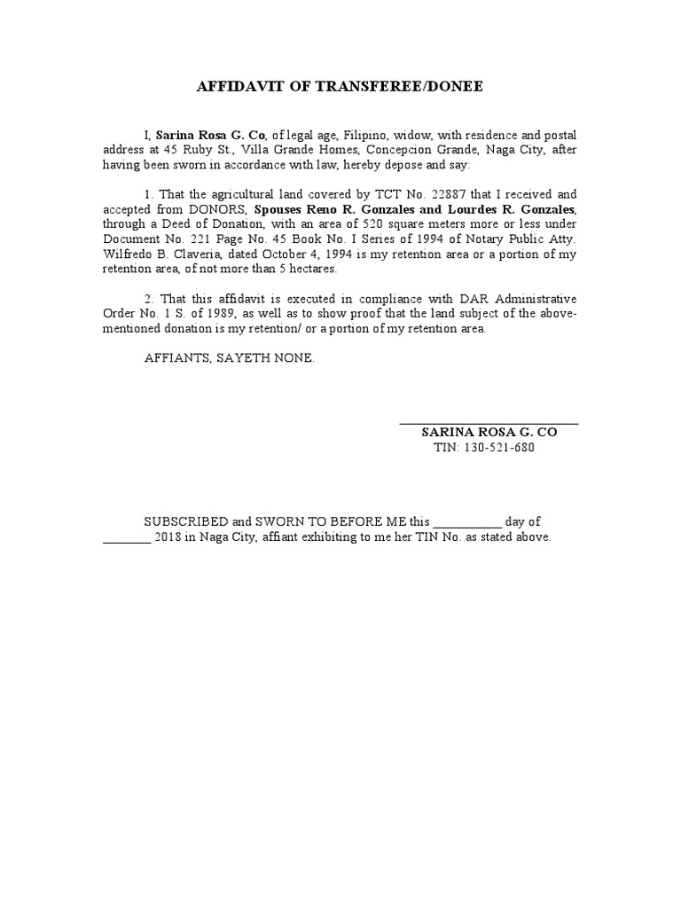 Affidavit of Transferee/Donee: Sarina Rosa G. Co | PDF