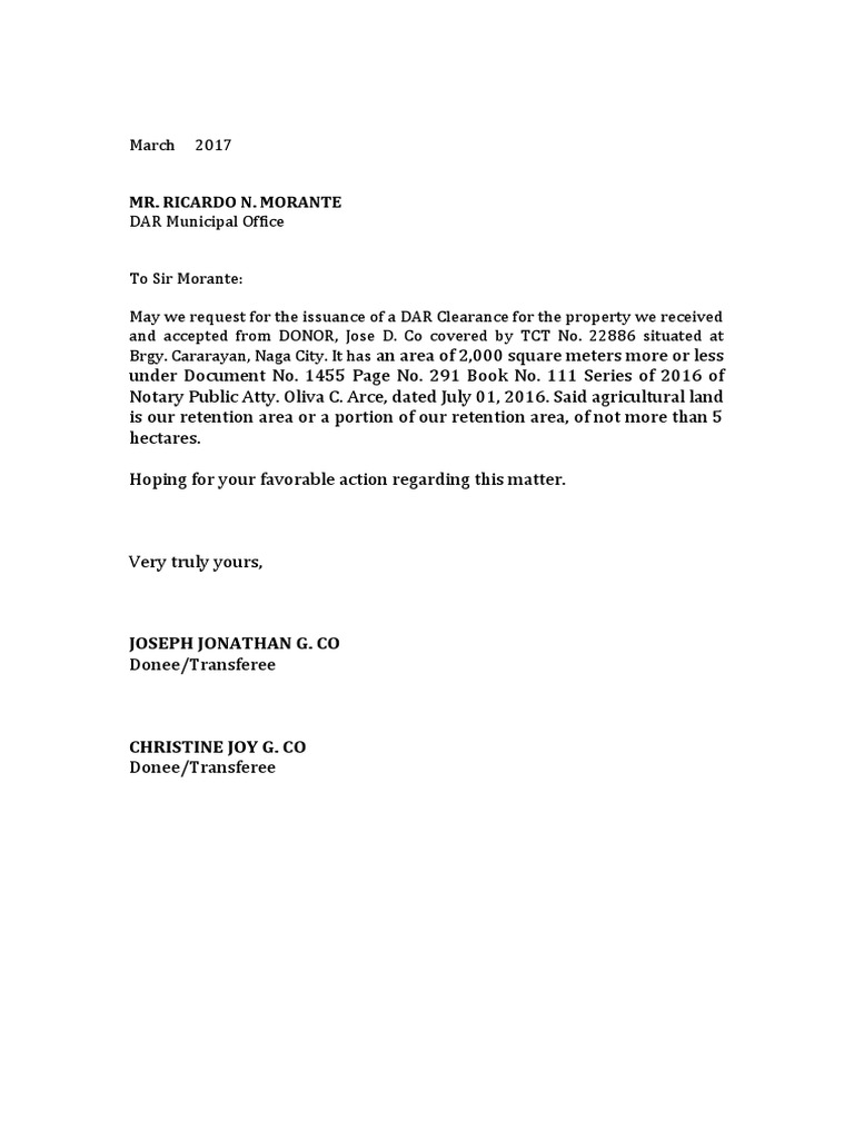 Request For DAR Clearance To DARMO | PDF | Law