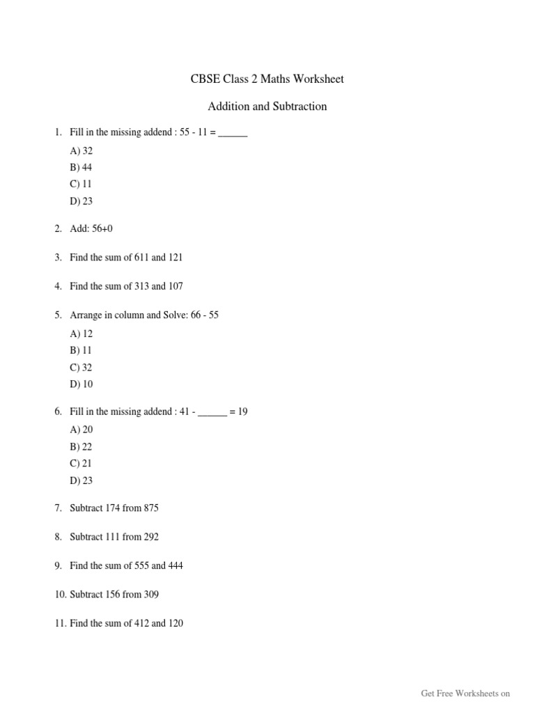 Addition and Subtraction CBSE Class 2 Worksheet | PDF