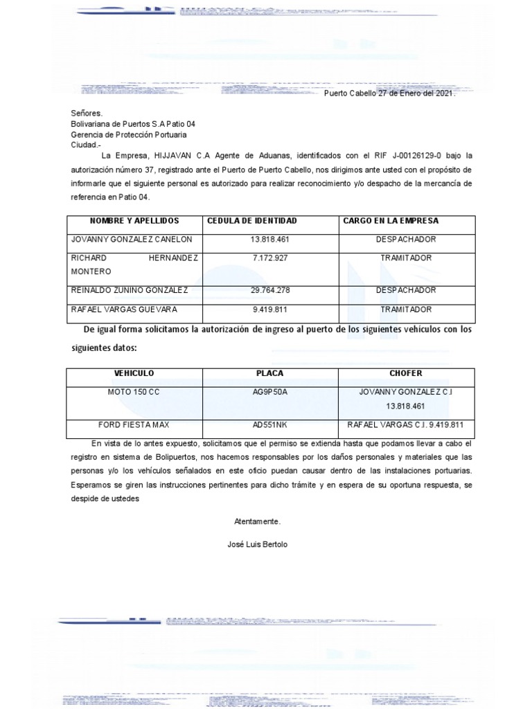 Carta A Bolipuerto Solicitud de Pases | PDF