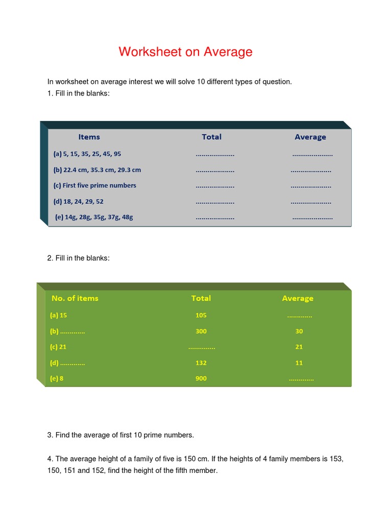 Worksheet On Average | PDF | Teaching Mathematics