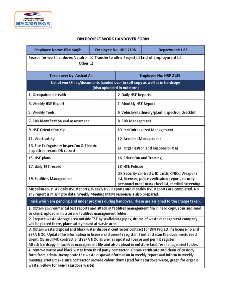 Handover of Health, Safety and Environment (HSE) Files, Documents ...