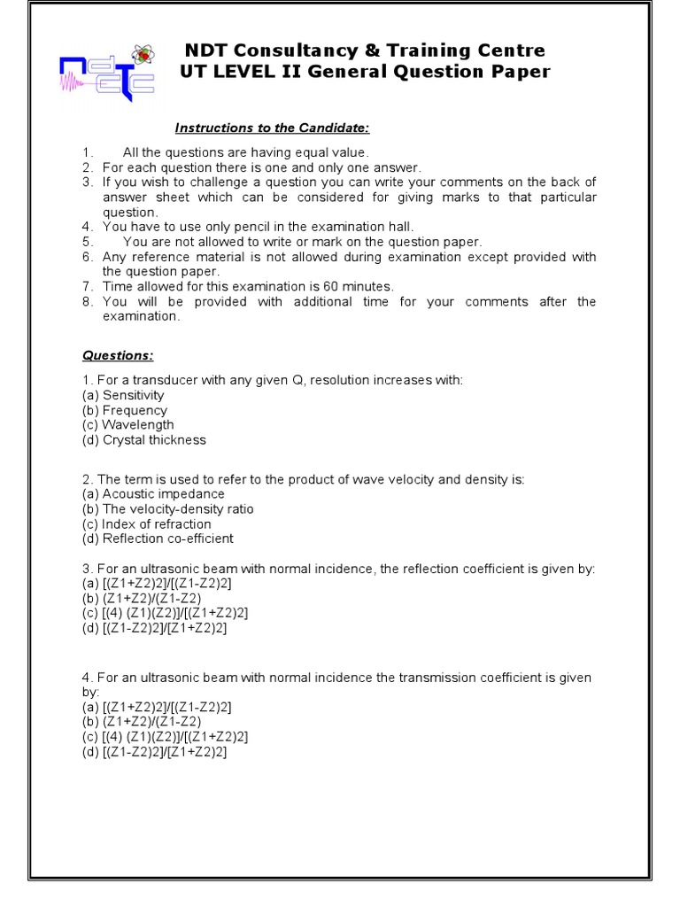 Ultrasonic Testing Level II Examination: Questions Covering Fundamental ...