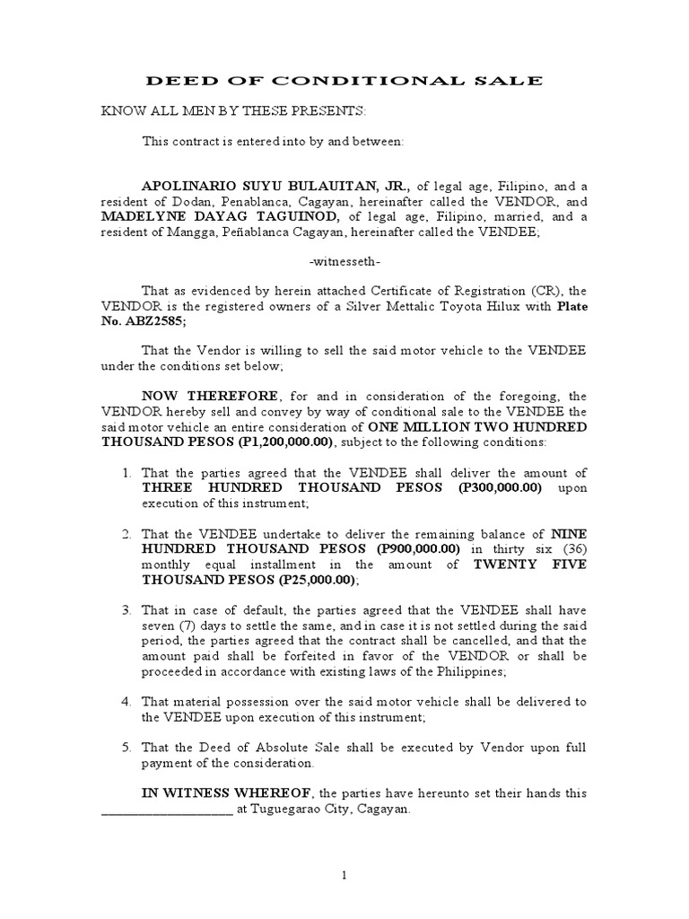 Deed of Conditional Sale Apolinario Suyu Bulauitan, Jr. | Download Free ...