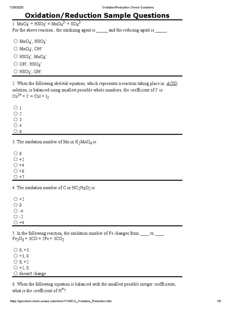 Oxidation and Reduction MCQ Guide | PDF | Redox | Physical Chemistry