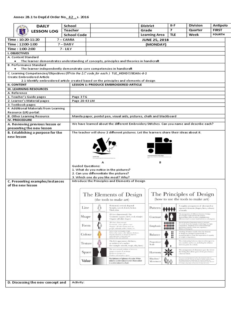 Daily Lesson Log: School District Teacher Grade School Code JUNE 25 ...