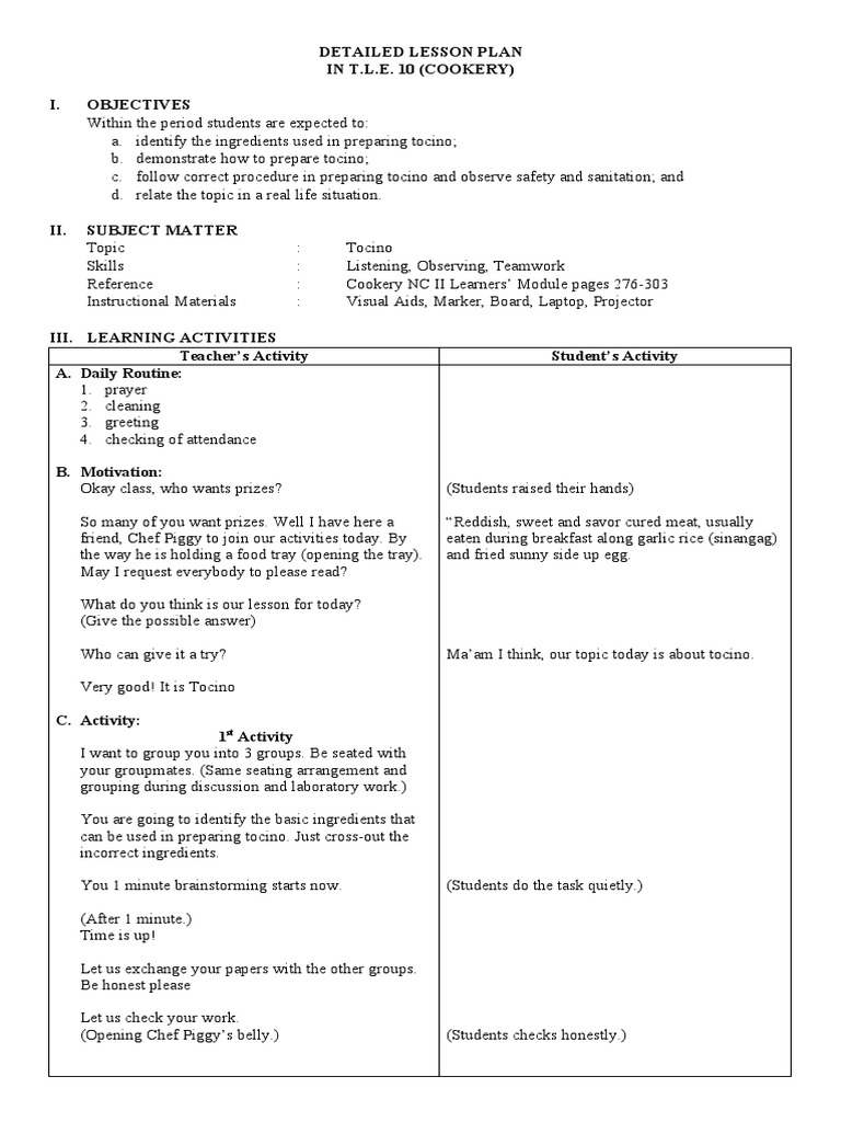 Detailed Lesson Plan: Tocino Preparation | PDF | Lesson Plan | Food And ...