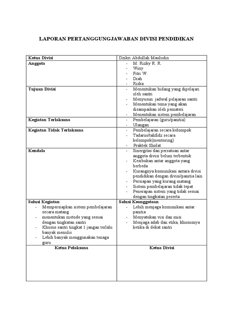 Laporan Pertanggungjawaban Divisi Pendidikan | PDF