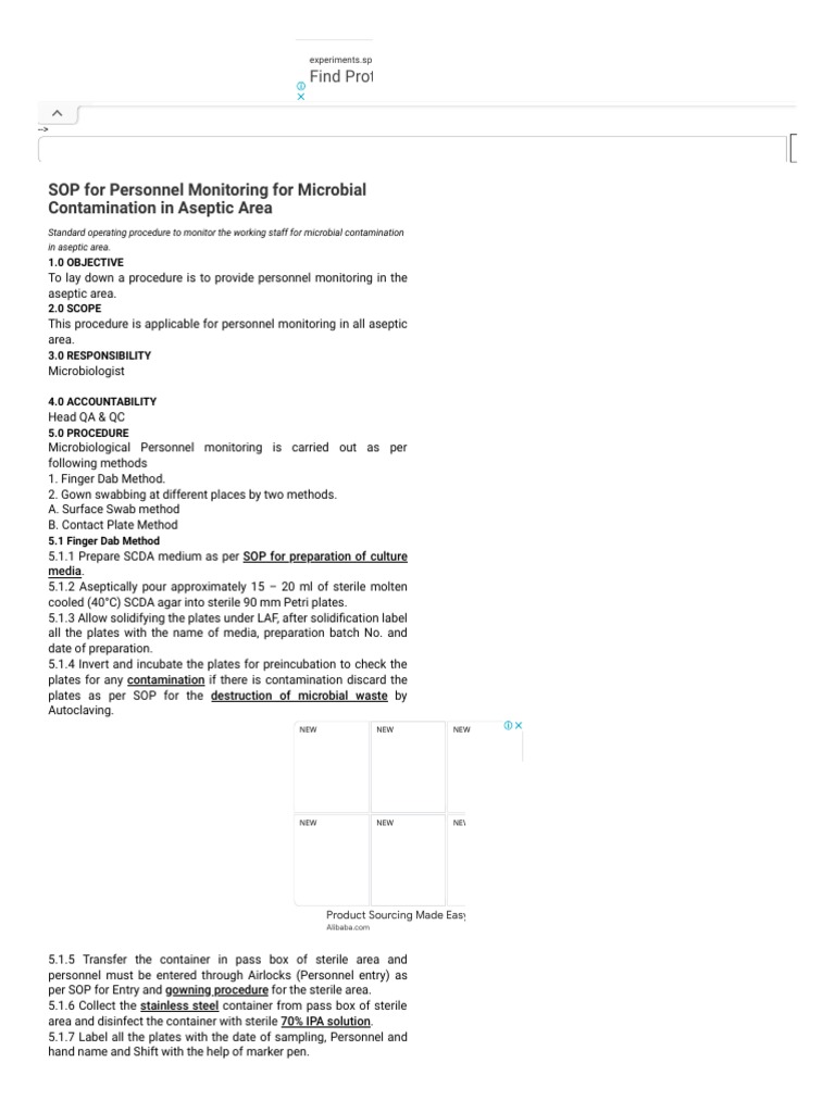 SOP For Personnel Monitoring For Microbial Contamination in Aseptic ...