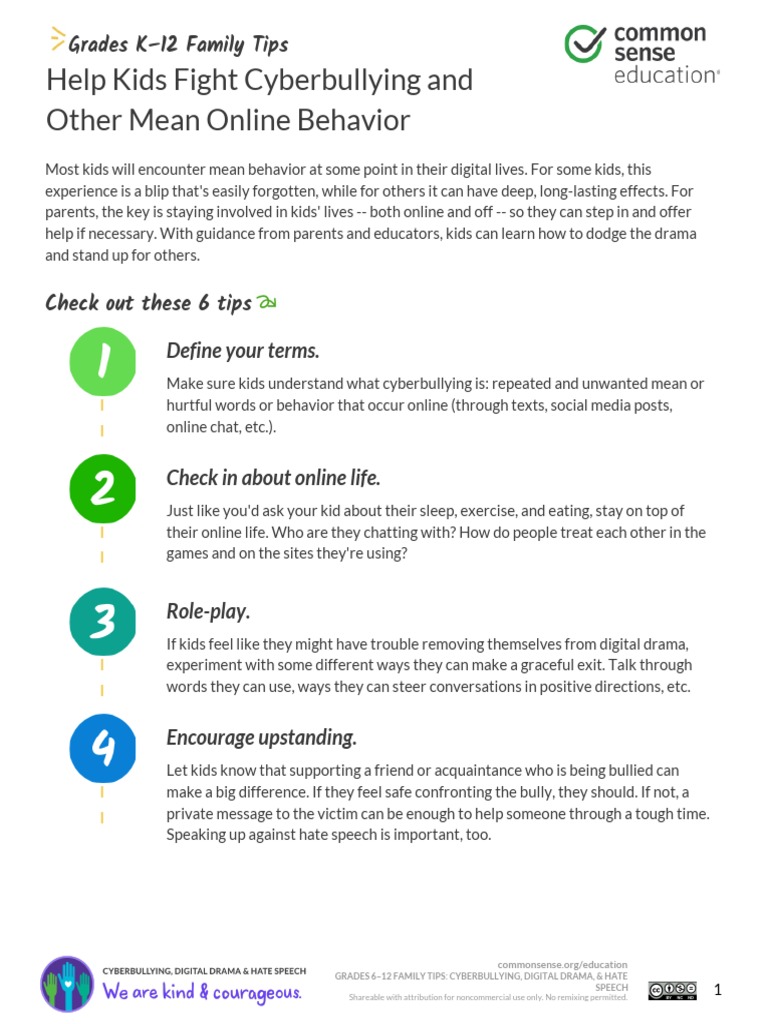 Grades k12 Family Tips-Cyberbullying Digital Drama Hate Speech-English ...