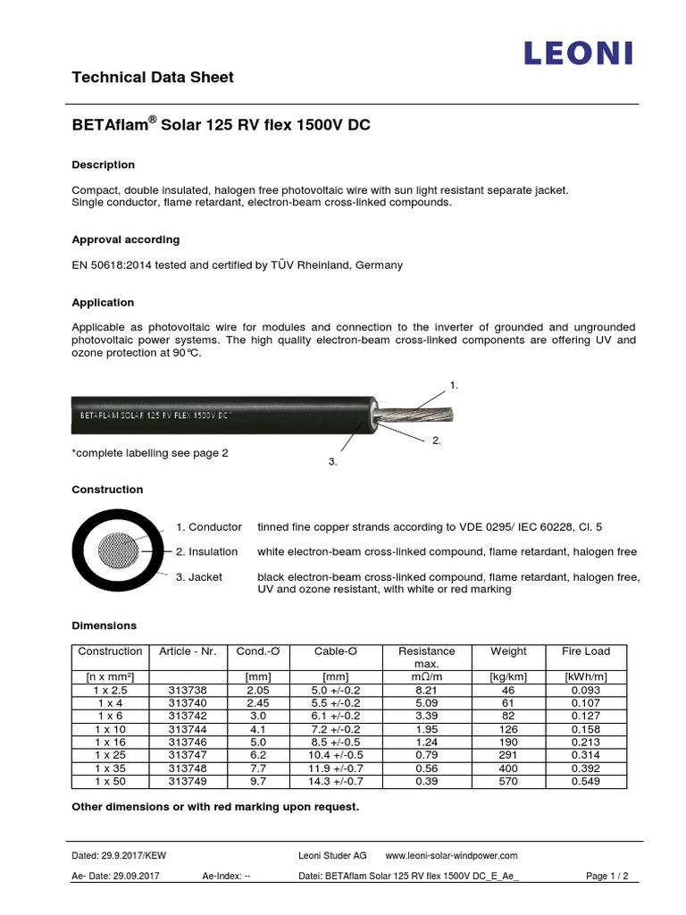 BETAflam Solar 125 RV Flex 1500V DC - E - Ae | PDF | Photovoltaics | Wire