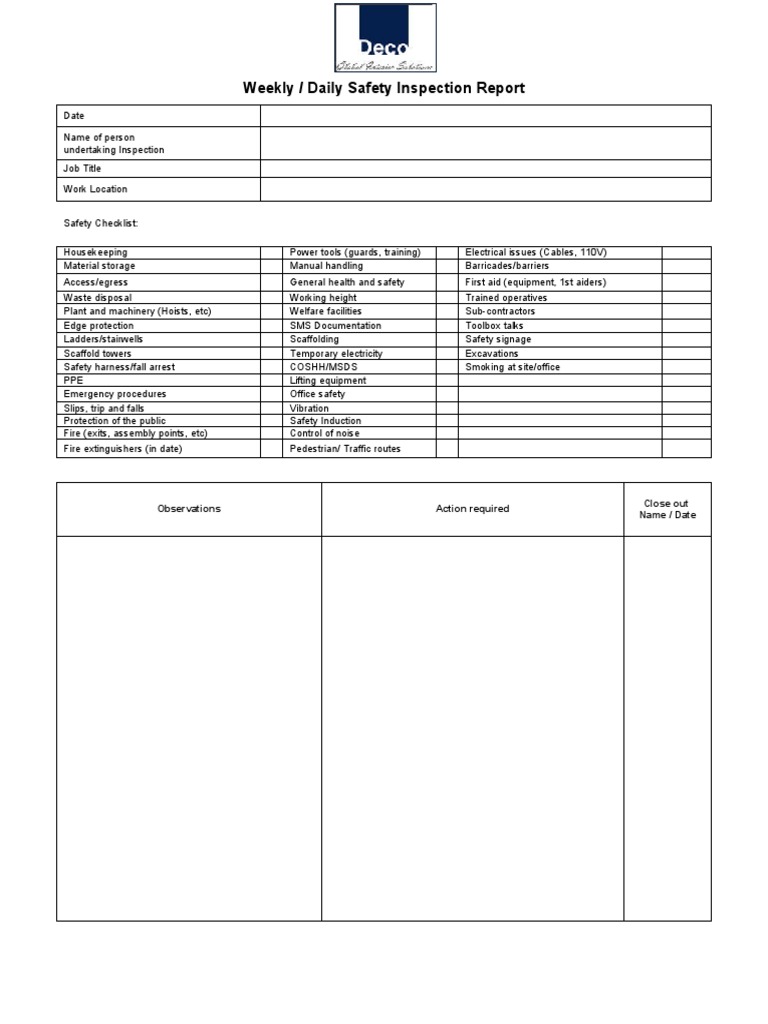 Weekly / Daily Safety Inspection Report: Observations Action Required ...