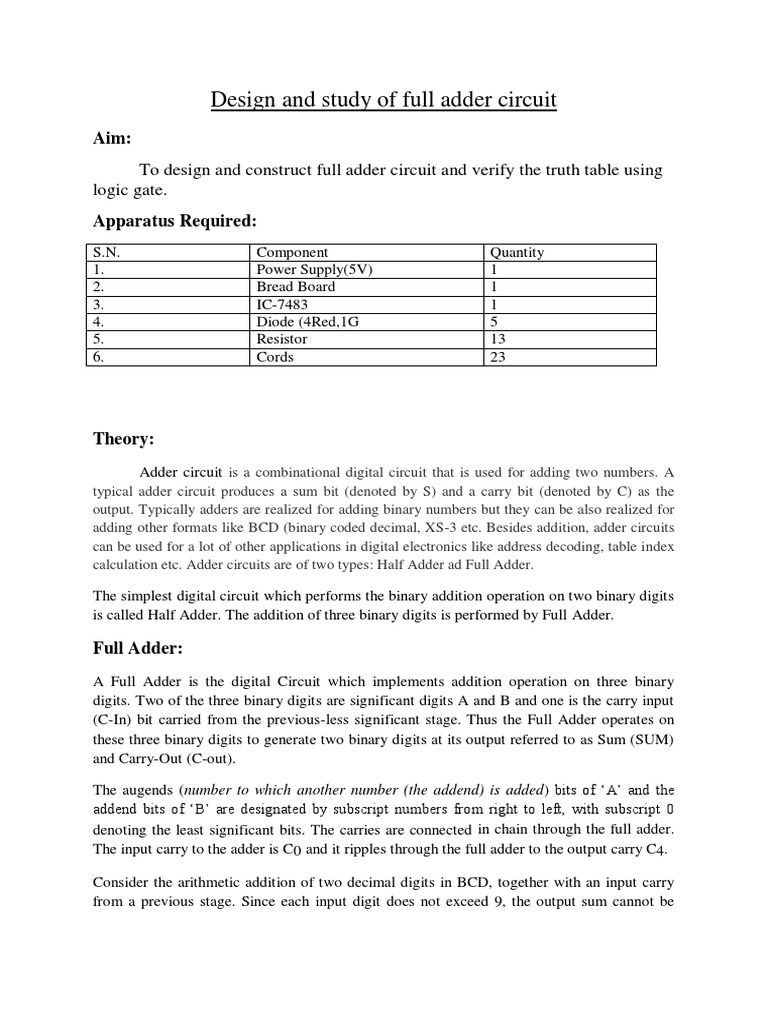 Design and Study of Full Adder Circuit | PDF | Arithmetic | Computer ...