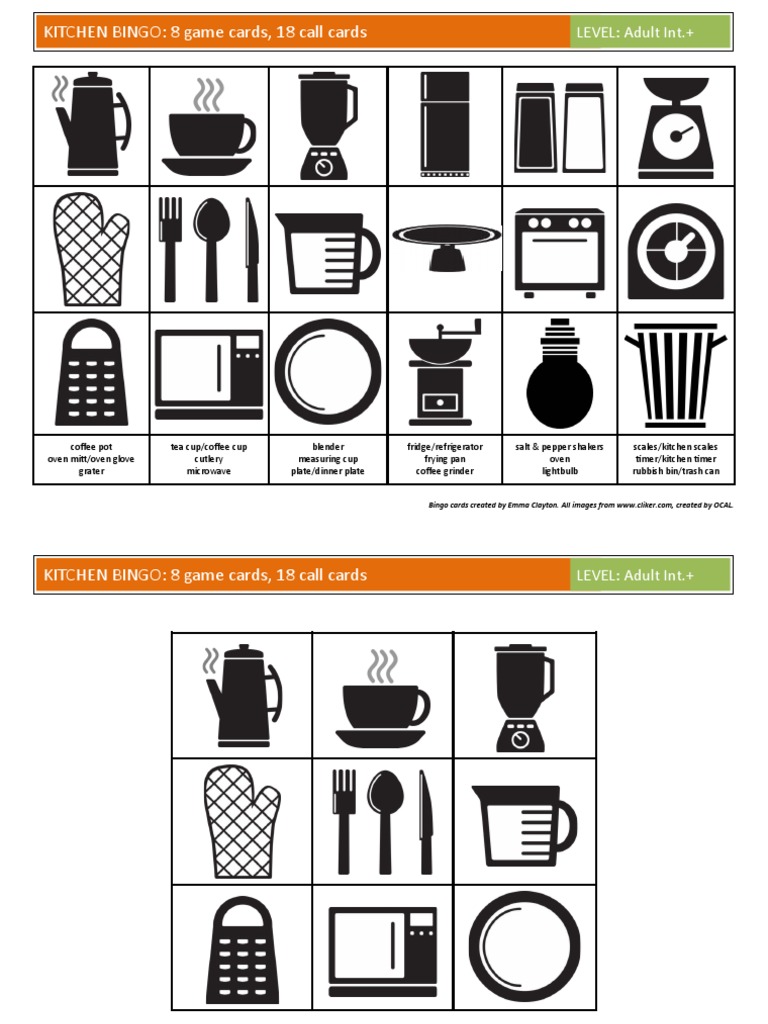 Kitchen Bingo Game for Adults | PDF | Cooking | Food Preparation Appliances