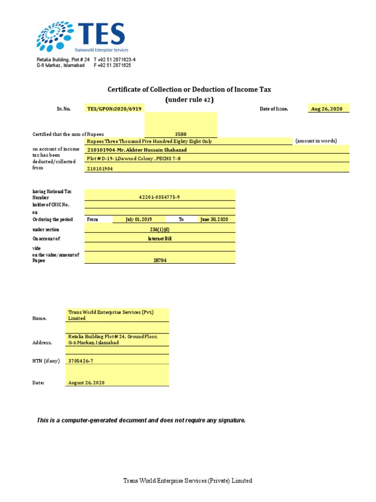 Certificate of Collection or Deduction of Income Tax (Under Rule) | PDF