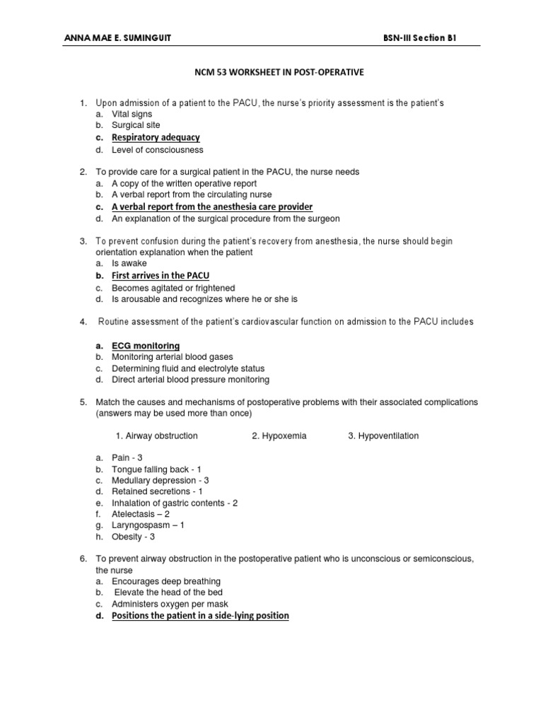 Post Op Worksheet Final | PDF | Surgery | Anesthesia