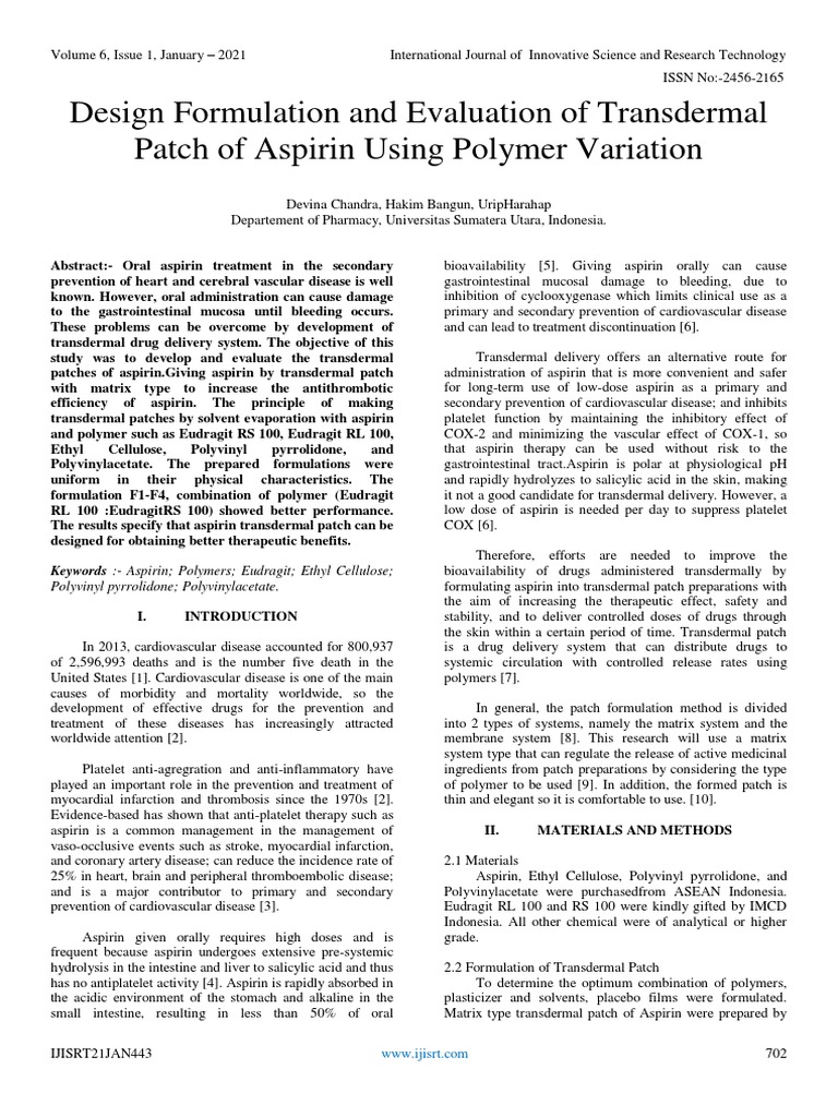 Aspirin Transdermal Patch Formulation | PDF | Aspirin | Clinical Medicine