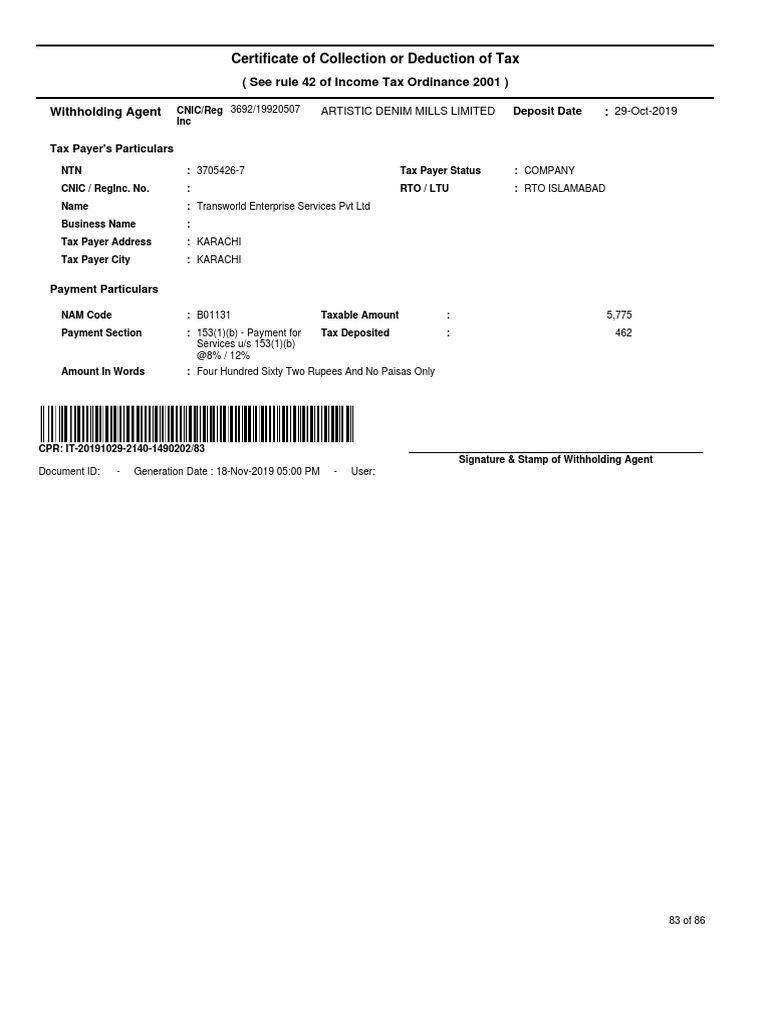 Certificate of Collection or Deduction of Tax: (See Rule 42 of Income ...