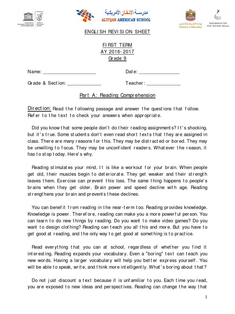 Grade 9 English Revision Sheet Term 1ANSWERED | PDF | Mind | Reading ...
